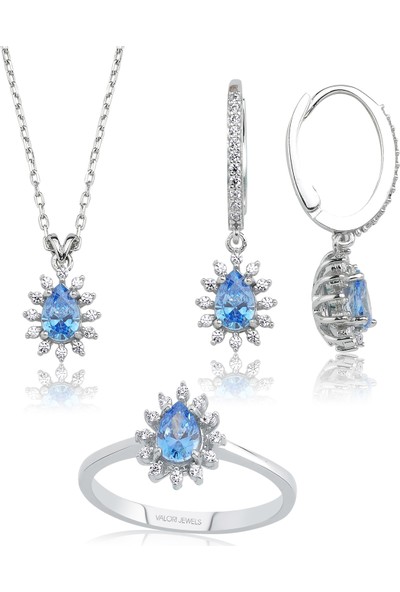 Valori Jewels 1.32 Karat Swarovski Zirkon Mavi Damla Taşlı, Gümüş Set