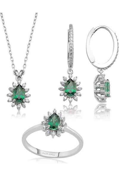 Valori Jewels 1.32 Karat Swarovski Zirkon Yeşil Damla Taşlı, Gümüş Set