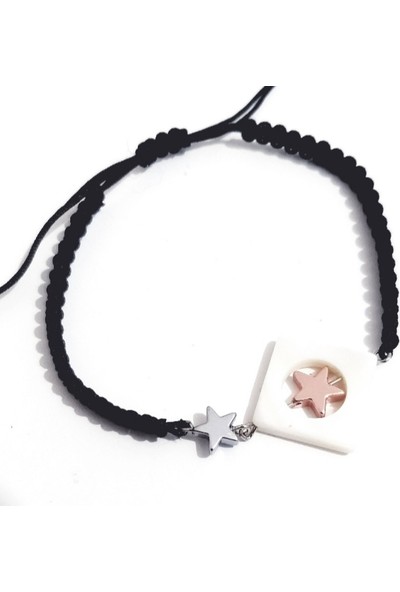 Funny Takı Hematit Yıldızlı Sedef Siyah Makrome Bileklik