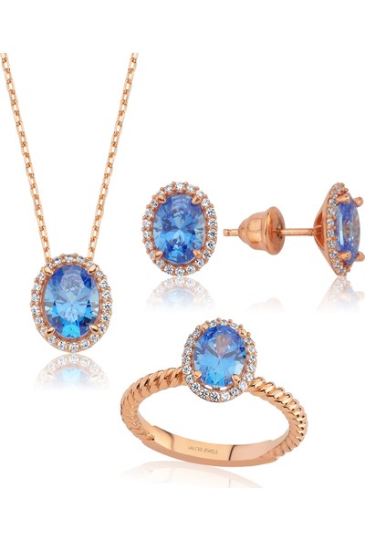 Valori Jewels 4 Karat Swarovski Zirkon Mavi Oval Taşlı, Rose Gümüş Set
