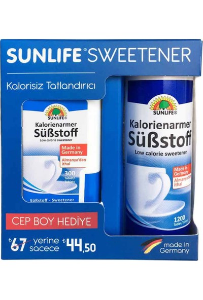 Sunlife Sweetener Kalorisiz Tatlandırıcı 1200 Tablet + Cep Boy Tatlandırıcı