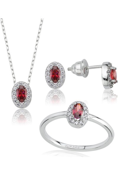 Valori Jewels 1 Karat Swarovski Zirkon Kırmızı Oval Taşlı Gümüş Set