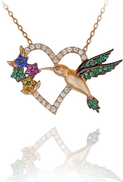 Takı Boom Renkli Taşlı Kalpli Arı Kuşu Gümüş Kolye Takı Boom Renkli Taşlı Kalpli Arı Kuşu Gümüş Kolye
