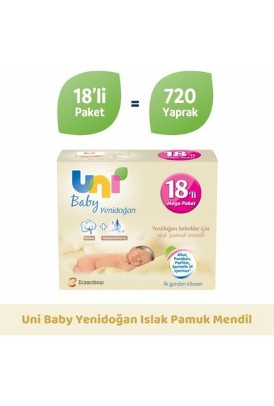 Uni Baby Yeni Doğan Islak Mendil 40 x 18'li 720 Yaprak Uni Baby Yeni Doğan Islak Mendil 40 x 18'li 720 Yaprak
