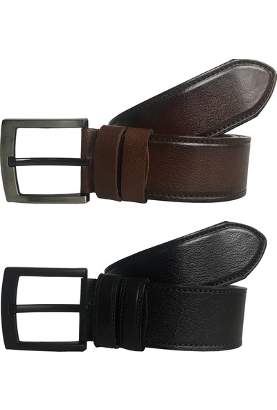 Goderi Deri 2'li Süper Set Siyah- Kahverengi Kot Kemeri