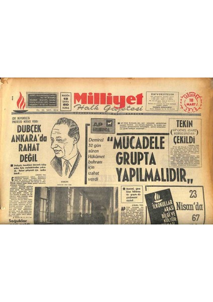Gökçe Koleksiyon Milliyet Halk Gazetesi 18 Mart 1970 Fiyatı