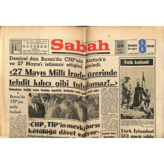 Gökçe Koleksiyon Sabah Gazetesi 30 Mayıs 1966 - 27 Mayıs Milli Irade ...