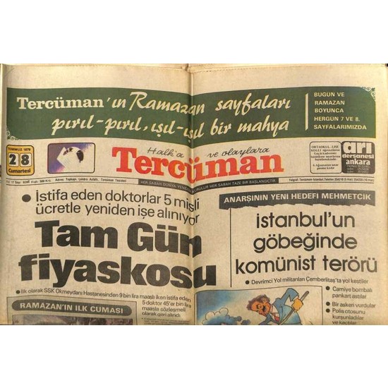 Gökçe Koleksiyon Tercüman Gazetesi 28 Temmuz 1979 Emel Fiyatı