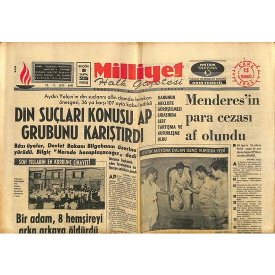 Milliyet Halk Gazetesi 15 Temmuz 1966 Brigitte Bardot Fiyatı