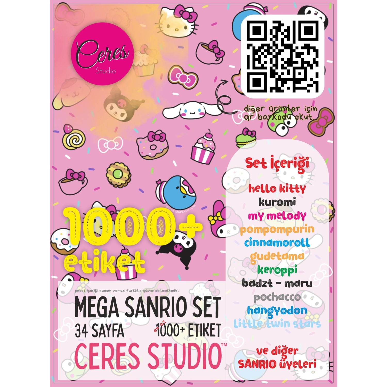 Ceres Studio Dev Sanrio Sticker Set Hello Kitty Kuromi 34 Syf 1000+ Planlayıcı Bullet Journal
