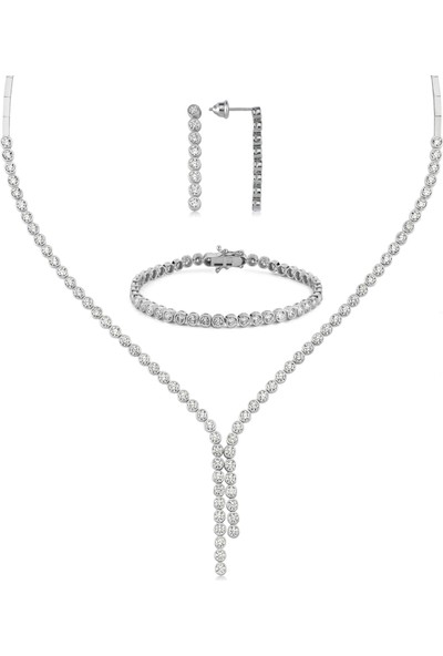 Valori Jewels Yuvarlak Montür, 13.9 Karat Swarovski Zirkon Taşlı, Çift Bitiş Gümüş Su Yolu Set Valori Jewels Yuvarlak Montür, 13.9 Karat Swarovski Zirkon Taşlı, Çift Bitiş Gümüş Su Yolu Set