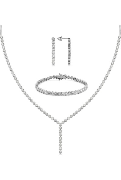 Valori Jewels Yuvarlak Montür, 14.9 Karat Swarovski Zirkon Taşlı, Gümüş Su Yolu Set
