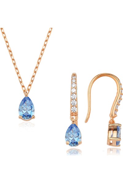 Valori Jewels 0.99 Karat Swarovski Zirkon Mavi Damla Taşlı, Rose Gümüş Set