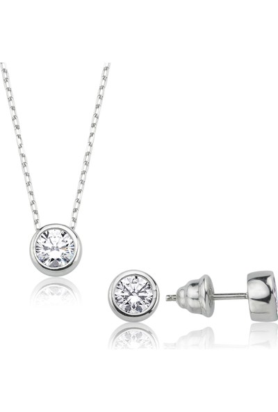 Valori Jewels 1.5 Karat Swarovski Zirkon Beyaz Yuvarlak Taşlı, Gümüş Set