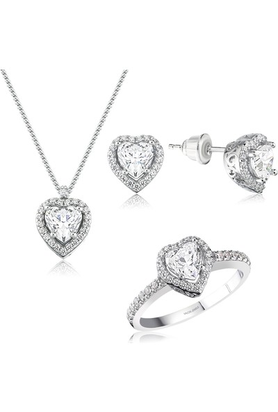 Valori Jewels Kalp, 3 Karat Swarovski Zirkon Taşlı, Gümüş Tektaş Set