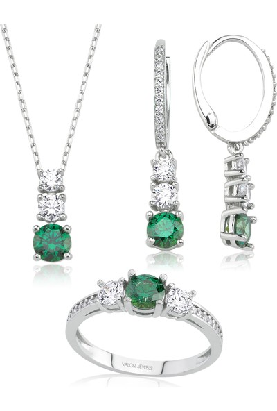 Valori Jewels 3.18 Karat Swarovski Zirkon Yeşil ve Beyaz Yuvarlak Taşlı, Gümüş Üçtaş Set