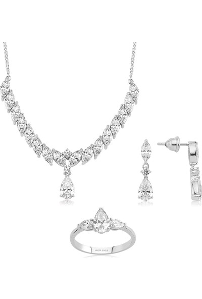 Valori Jewels 9.31 Karat Swarovski Zirkon Beyaz Damla ve Markiz Taşlı, Gümüş Set