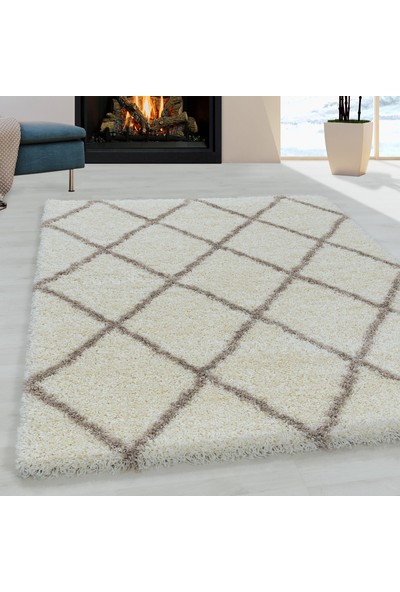 Ayyıldız Halı Desenli Shaggy Halı Baklava Kare Desen Krem Bej Renklerde