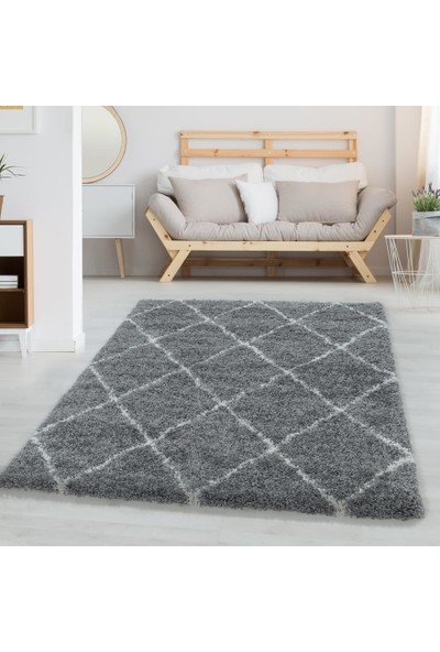 Ayyıldız Halı Desenli Shaggy Halı Baklava Kare Desen Gri Beyaz Renklerde