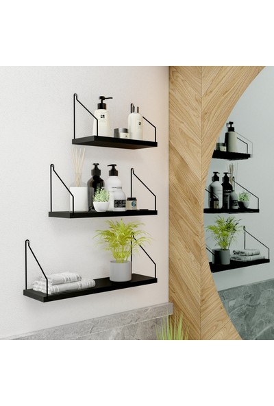 CatchMe Duvar Rafı 3’lü Set Kitaplık Mutfak Banyo Yaşam Alanı Siyah Kol