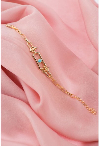 Soobepark Turkuaz Tek Taşlı Kadın Zincir Bileklik Sarı Renk