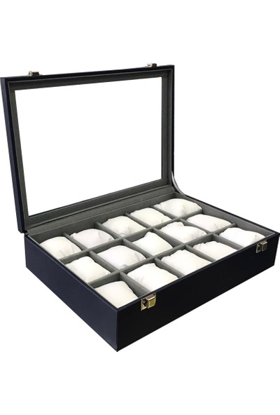 Sultan's Lacivert Deri Ahşap, Üzeri Cam Saat Kutusu