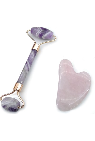 Osmanlı Doğal Taş Ametist Masaj Taşı Roller ve Pembe Kuvars Gua Sha Kalp Tasarımlı Set Osmanlı Doğal Taş Ametist Masaj Taşı Roller ve Pembe Kuvars Gua Sha Kalp Tasarımlı Set