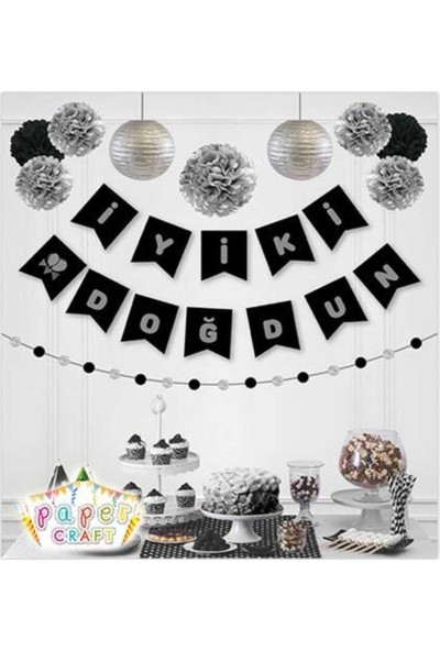 Paper Craft Iyi Ki Doğdun Siyah Fon Üzerine Gümüş Banner