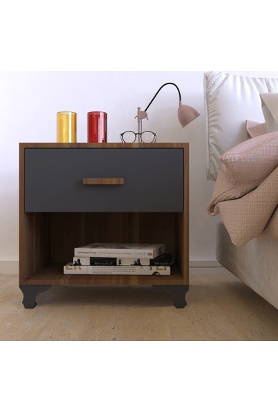 Metalia Gm 027 Tek Çekmeceli Komidin Ceviz Antrasit Gri