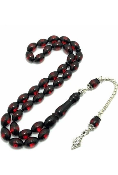Midyat Nurtaş Gümüş Metal Püsküllü Siyah Kırmızı Sürmeli Toz Kehribar Tesbih