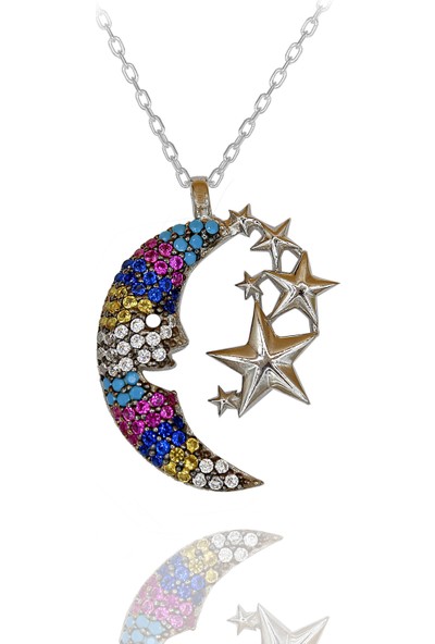 Takı Boom Renkli Taşlı Ay Dede Gümüş Kolye