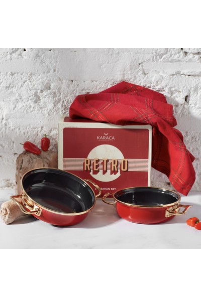 Karaca Retro Emaye 2li Kırmızı Sahan Set Karaca Retro Emaye 2li Kırmızı Sahan Set