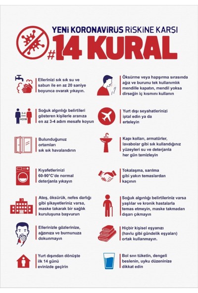 Walldeco Virüs-19 Uyarı Afişi 70X100 cm (14 Kural) Etiket Stıcker