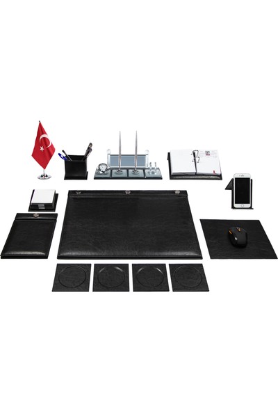 Anadolu Truva Düğmeli Siyah Sümen Takımı ve Masa Isimliği