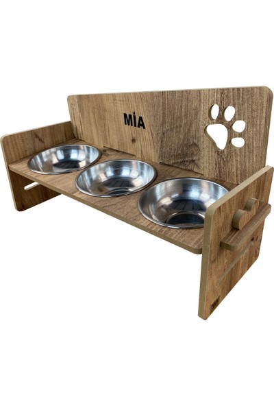 Odun Concept 3lü Yüksekliği Ayarlanabilir Kedi ve Küçük Irk Köpek Mama ve Su Kabı Çelik Kaseli Tamamen Ahşap Desenli - 3'lü Level
