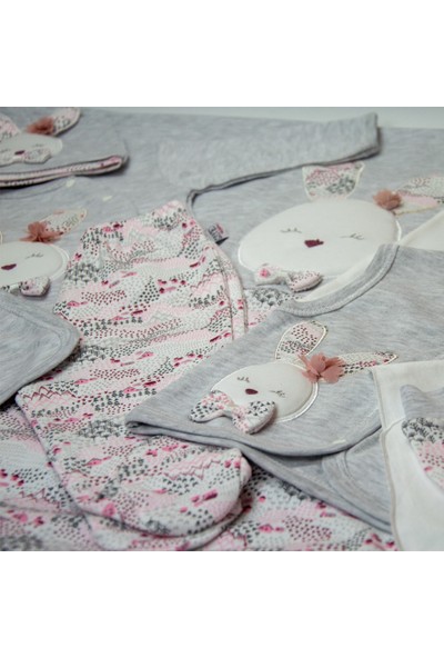 Gaye Baby Tavşan Nakışlı Fiyonklu Gri Pamuklu Kumaştan 10'lu Hastane Çıkış Seti