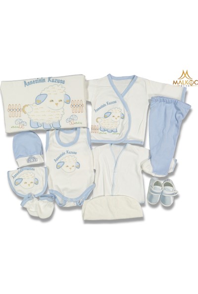 Gaye Baby Annesinin Kuzusu Yazılı Pamuklu Kumaştan Beyaz ve Mavi Renklerde 10'lu Erkek Hastane Çıkışı Gaye Baby Annesinin Kuzusu Yazılı Pamuklu Kumaştan Beyaz ve Mavi Renklerde 10'lu Erkek Hastane Çıkışı
