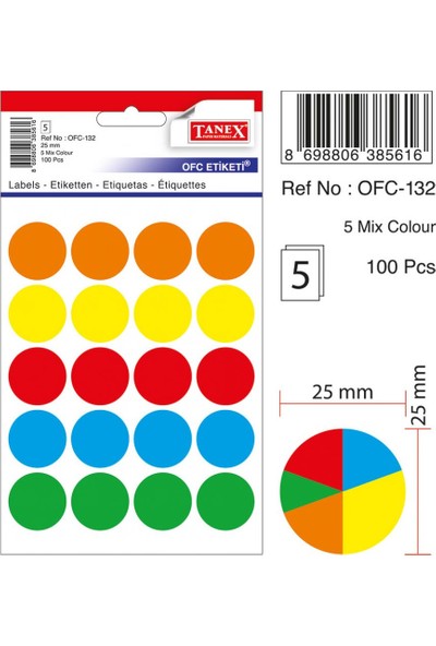 Tanex Nokta Etiket 25MM 5 Renk 100 Etiket