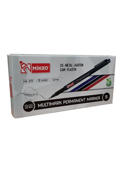 Mikro MK-419 S Permanent Marker Silgili CD Kalemi 12'li Siyah Mikro MK-419 S Permanent Marker Silgili CD Kalemi 12'li Siyah