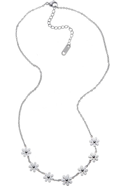 Modamugo Çelik Zincir Kolye, Yedili Papatya Çiçekli - Rodyum
