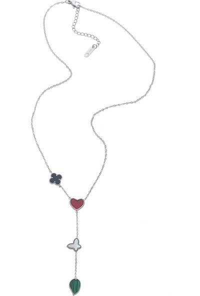 Modamugo Çelik Zincir Kolye, Yonca, Kalp, Karma Mine Taşlı - Rodyum Modamugo Çelik Zincir Kolye, Yonca, Kalp, Karma Mine Taşlı - Rodyum