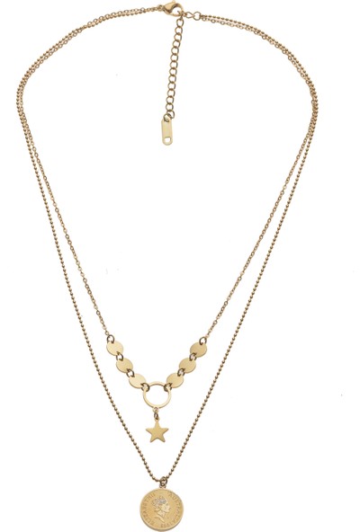 Modamugo Çelik Ikili Zincir Kolye, Elızabet Iı Madalyonlu, Rondela, Yıldızlı - Gold