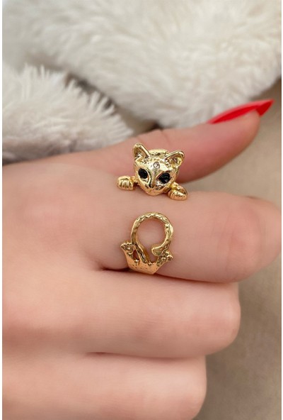 Takıştır Altın Renk Kedi Figürlü Ayarlanabilir Yüzük