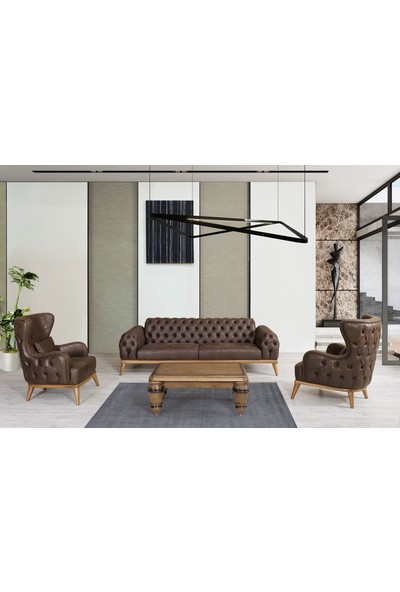 Uzay Ofis Excelance Kanepe Takımı -Kahverengi - Ahşap Ayak