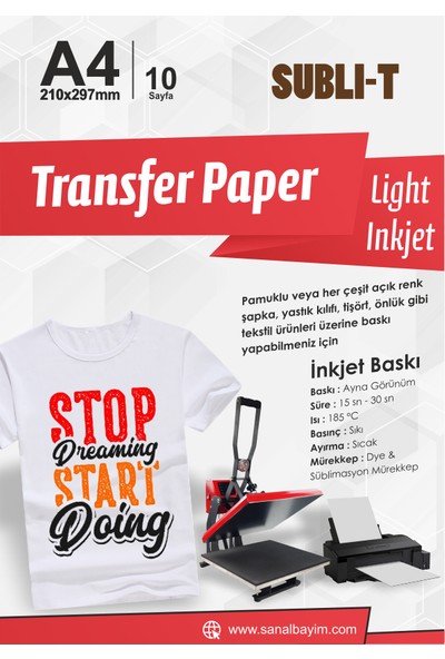 Subli-T A4 Açık Zemin Pamuklu Tişört Transfer Kağıdı