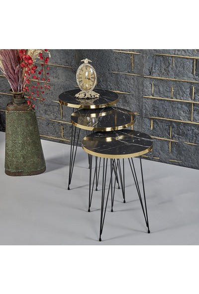 Rupon Home 3 Lü Zigon Sehpa-Siyah Mermer Desenli Gold Rupon Home 3 Lü Zigon Sehpa-Siyah Mermer Desenli Gold