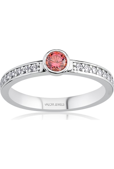 Valori Jewels 0.40 Karat Swarovski Zirkon Pembe Yuvarlak Taşlı, Gümüş Tektaş Yüzük