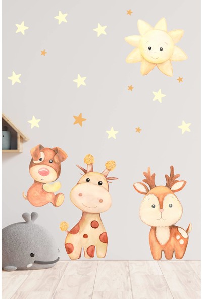 Msticker Sevimli Zürafa,köpek,geyik ve Yıldızlar Çocuk Bebek Odası Sticker