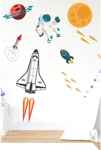 Msticker Sevimli Astronot, Uzay Mekiği, Gezegen Sticker Seti Çocuk Bebek Odası