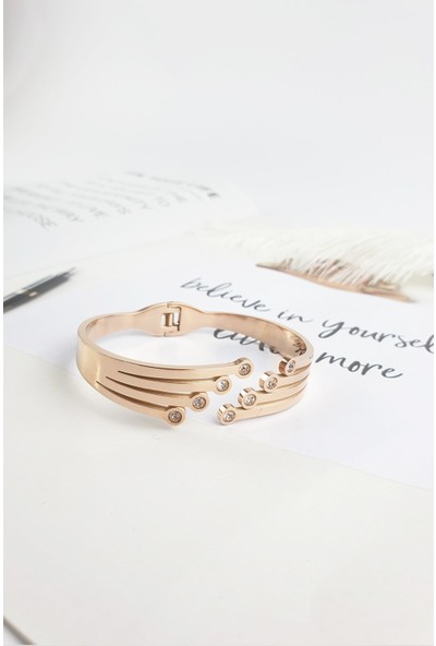 ÇLK Accessories Çelik Dört Sıra Taşlı Kelepçe Bileklik B600
